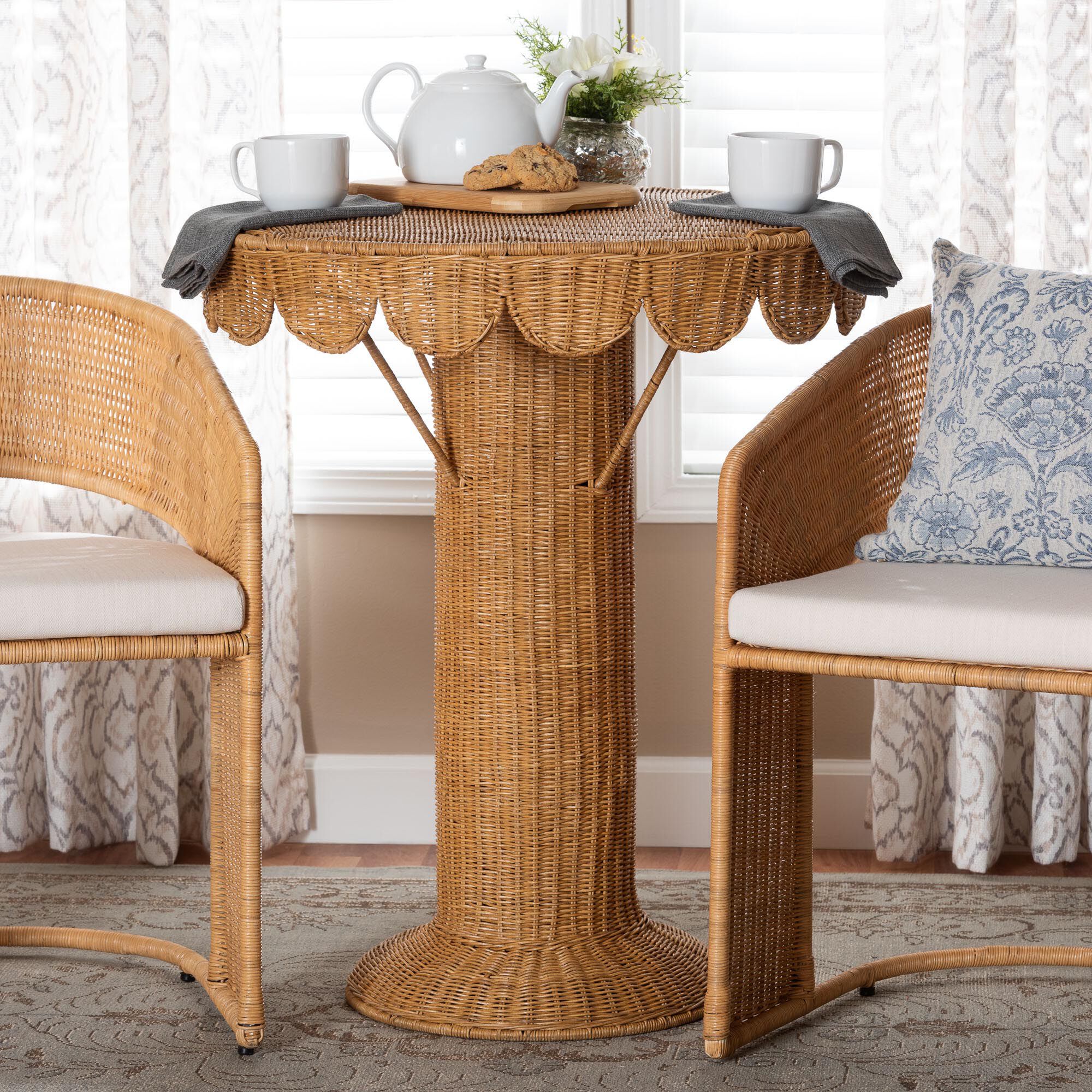 Pabla Bohemian Light Honey Rattan Scalloped Accent Table | OneStopPlus