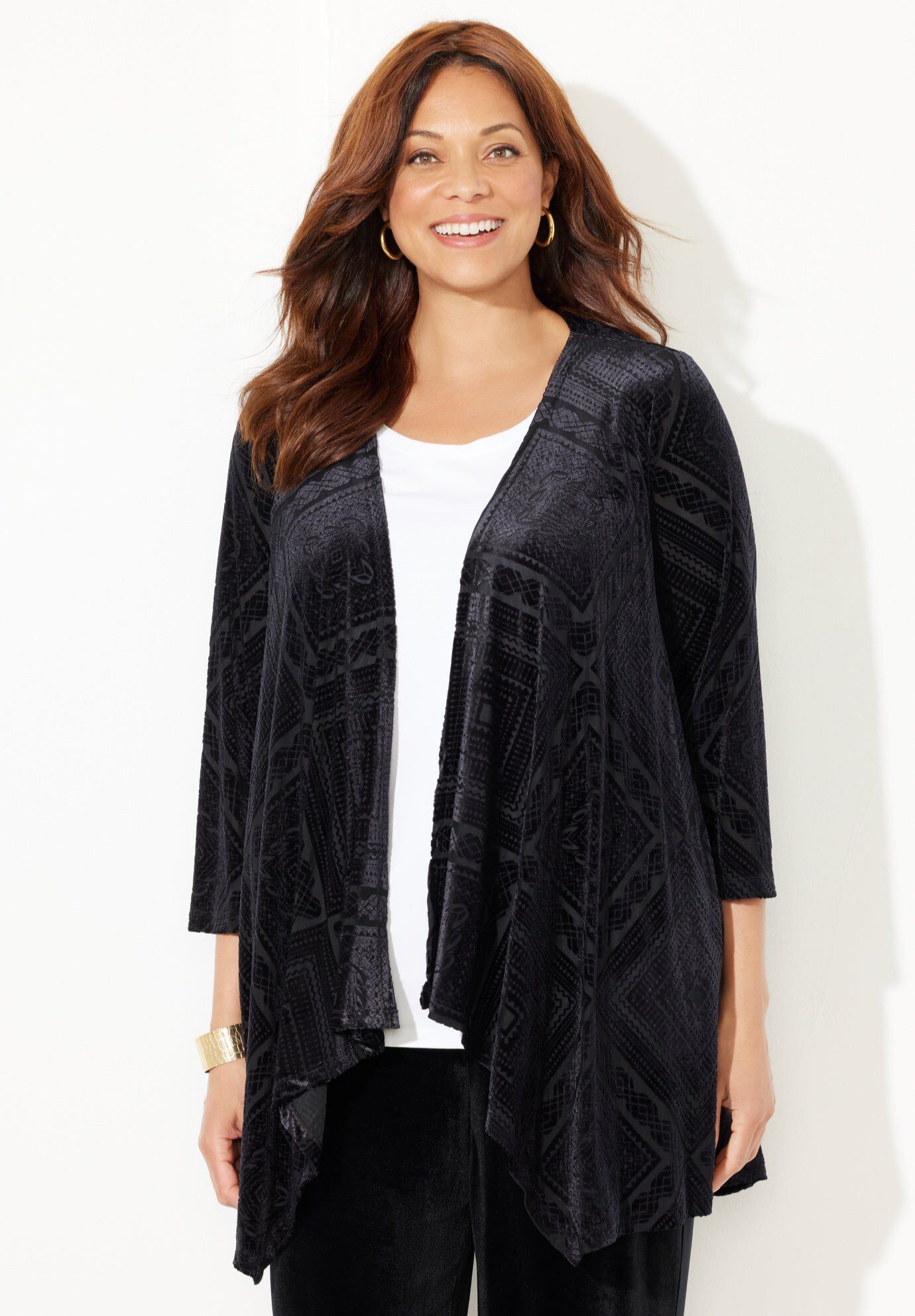 AnyWear Velvet Burnout Cascade Cardigan | OneStopPlus