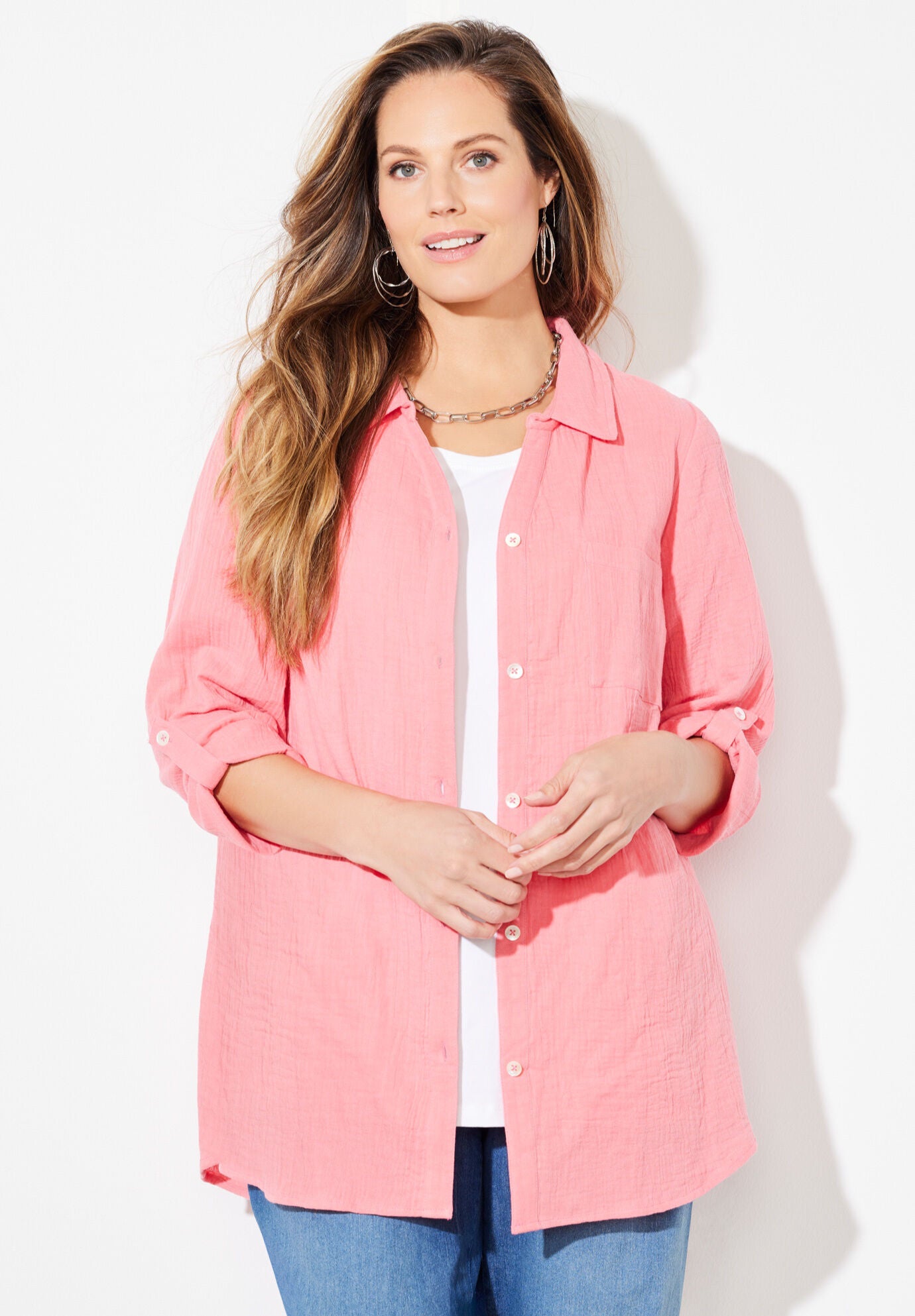 AnyWear Pucker Cotton Buttonfront Roll Tab Shirt | OneStopPlus