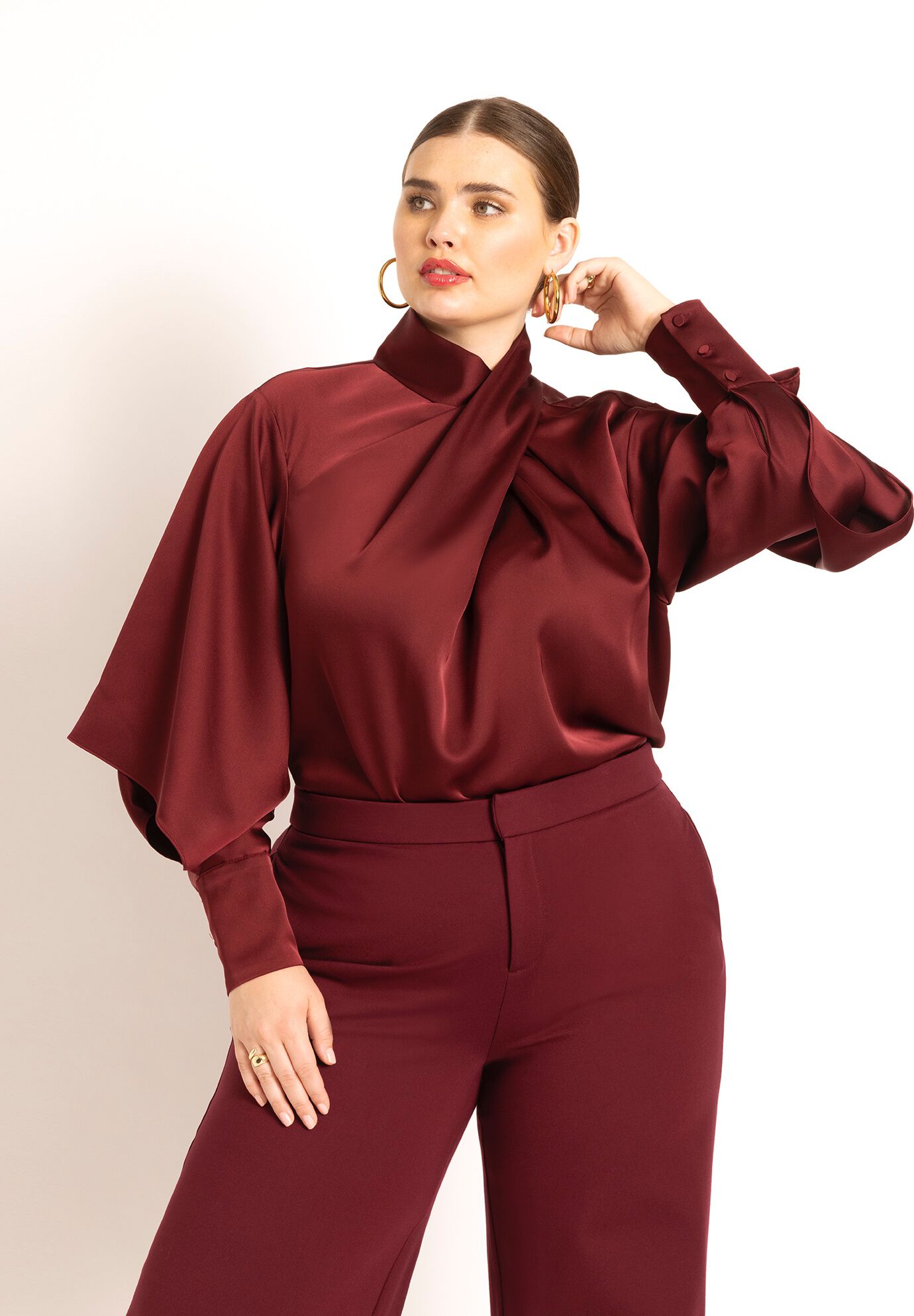 Draped Neck Satin Blouse | OneStopPlus