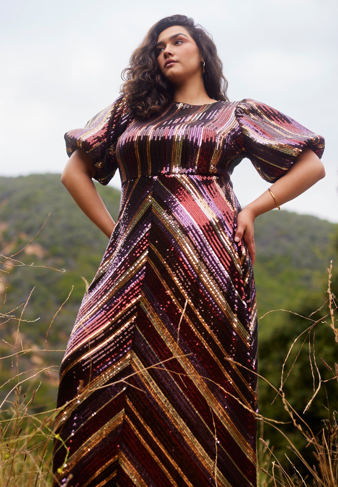 Striped Sequin Dress With Puff Sleeve | OneStopPlus