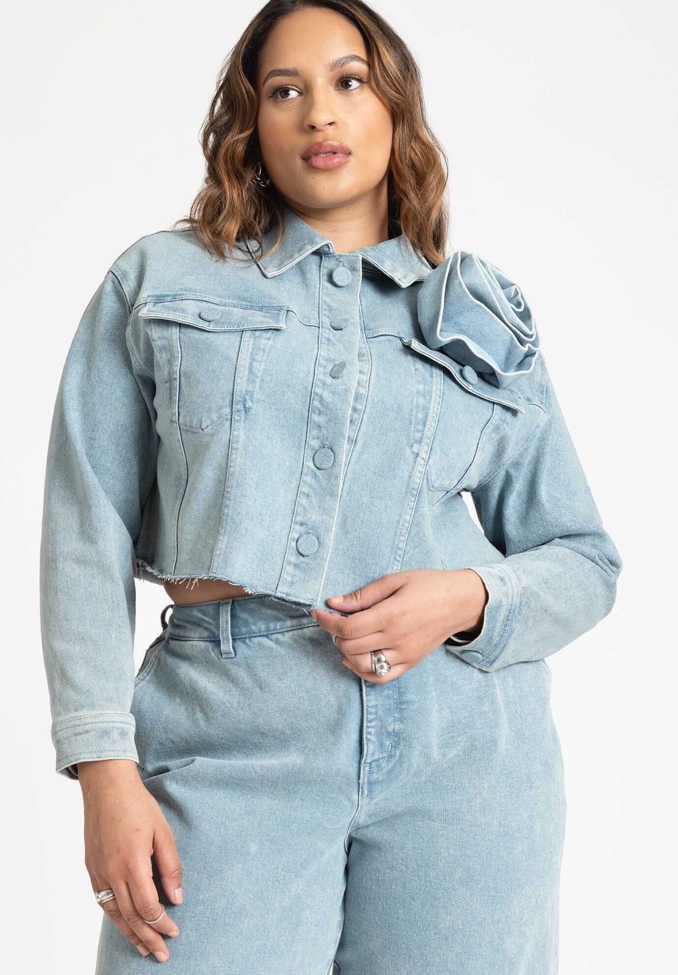 Denim Rosette Cropped Jacket | OneStopPlus