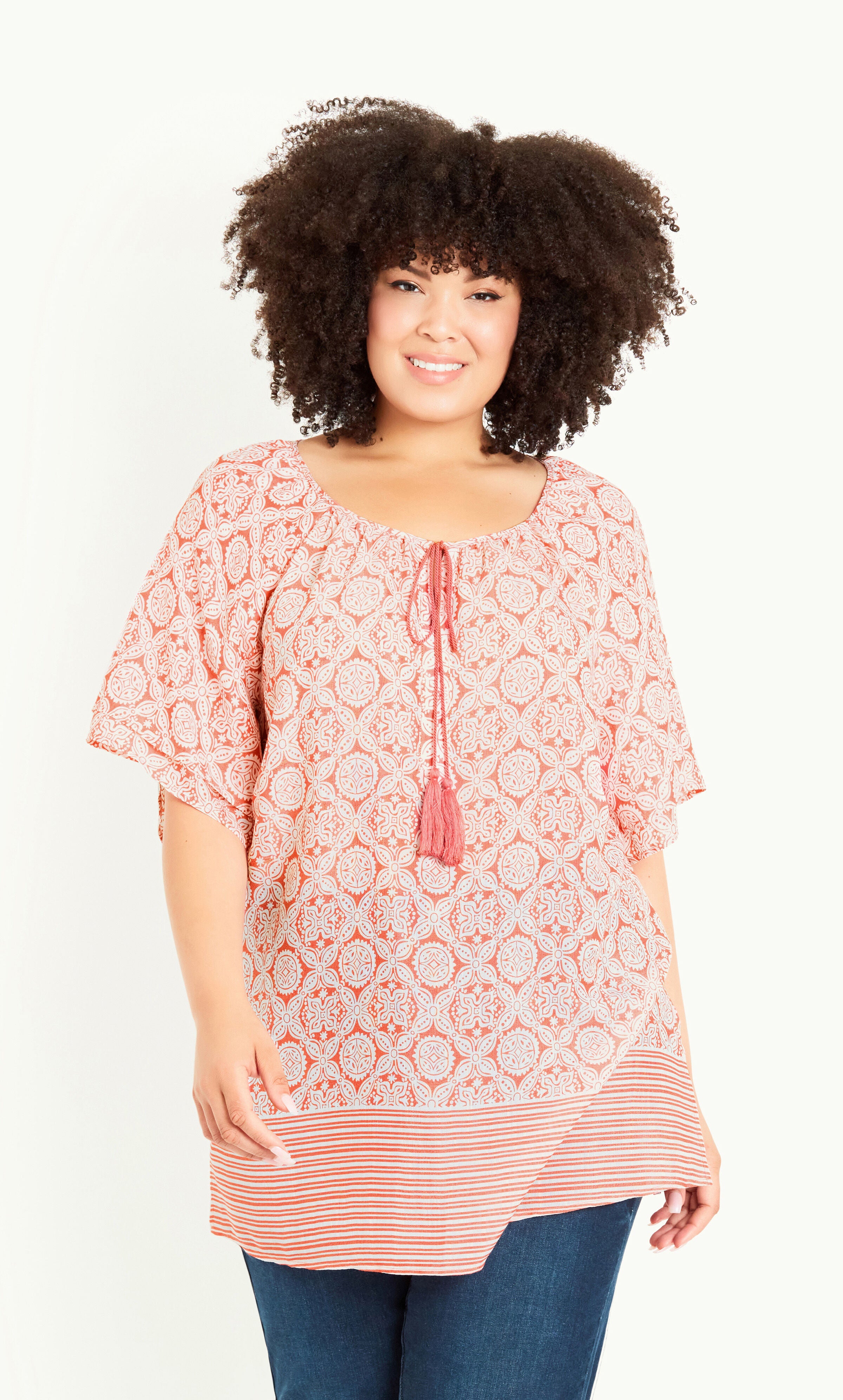 Peasant Medallion Border Top - coral | OneStopPlus