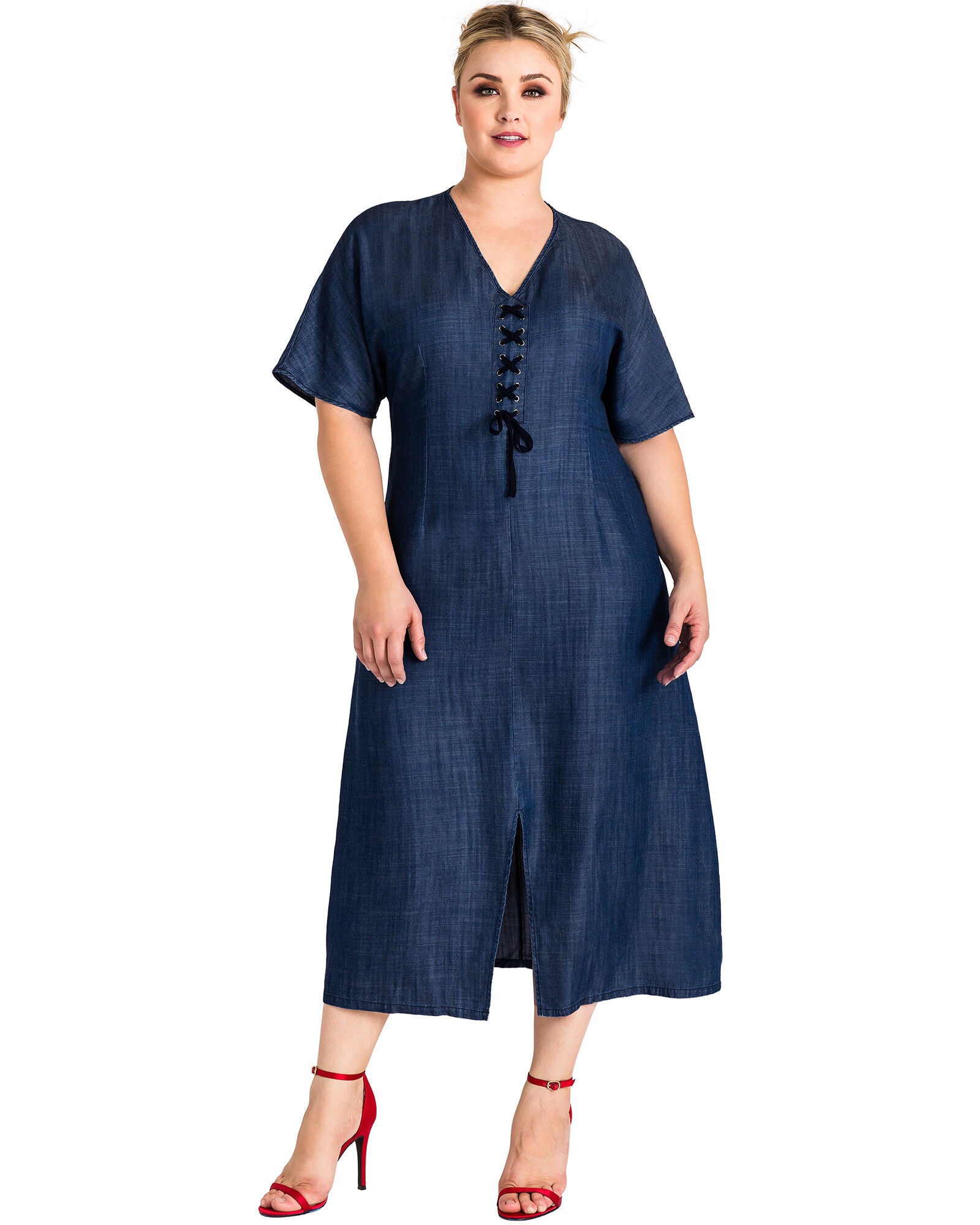 Plus Size Meme Lace-Up Tencel Denim Midi Dress | OneStopPlus