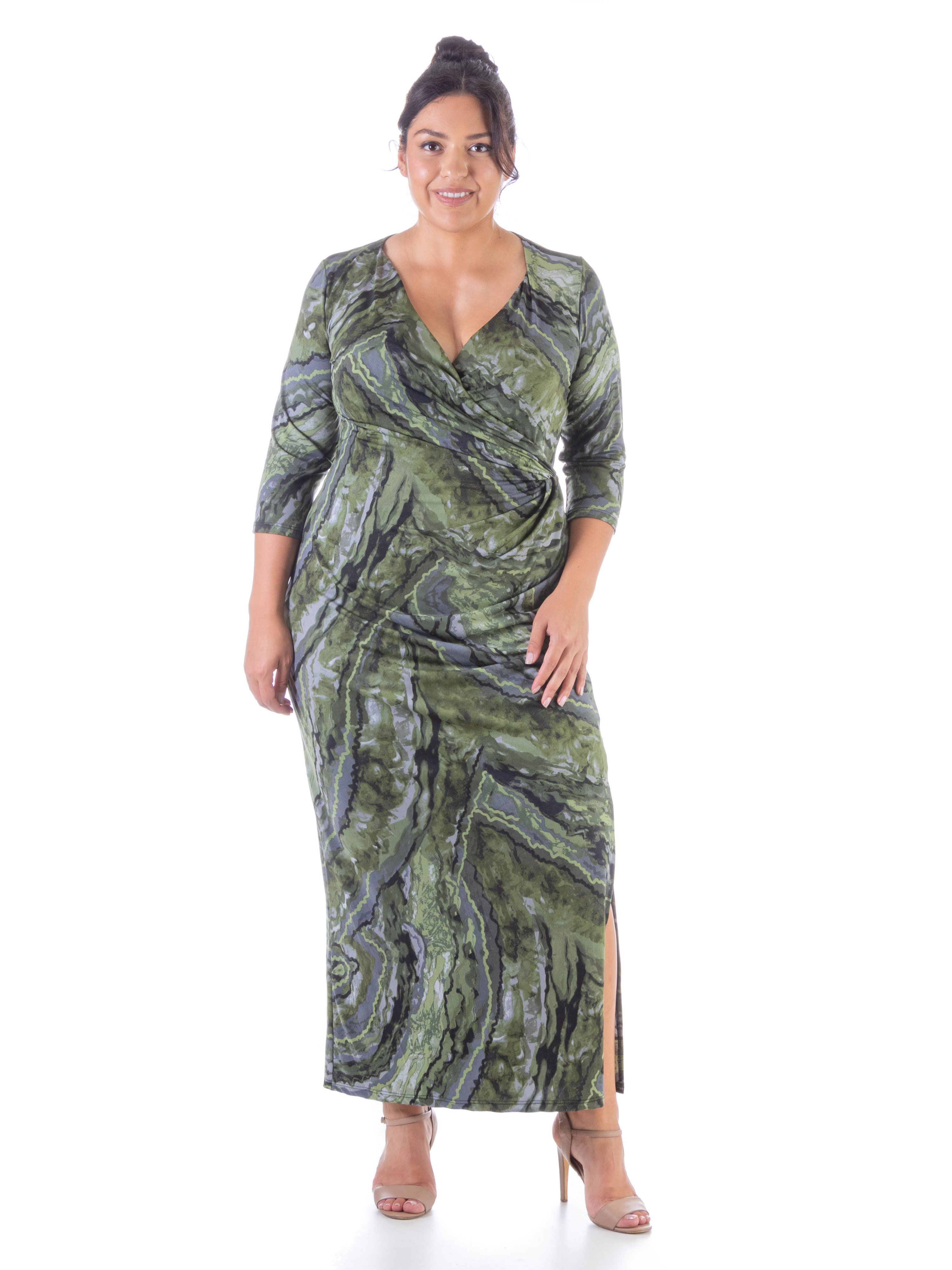 Green Faux Wrap Side Slit Plus Size Maxi Dress | OneStopPlus