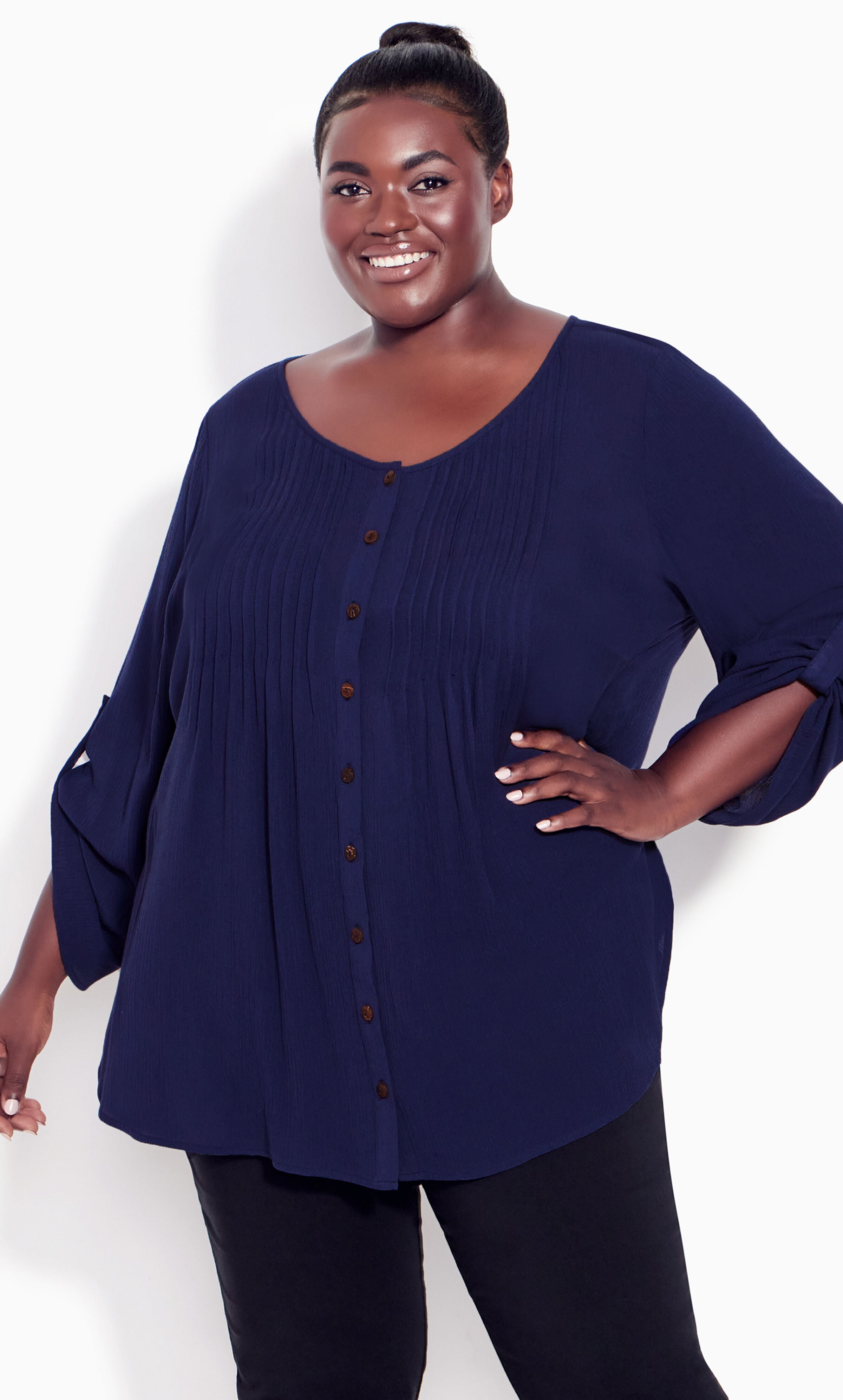 Sandy Pintuck Plain Shirt - navy | OneStopPlus