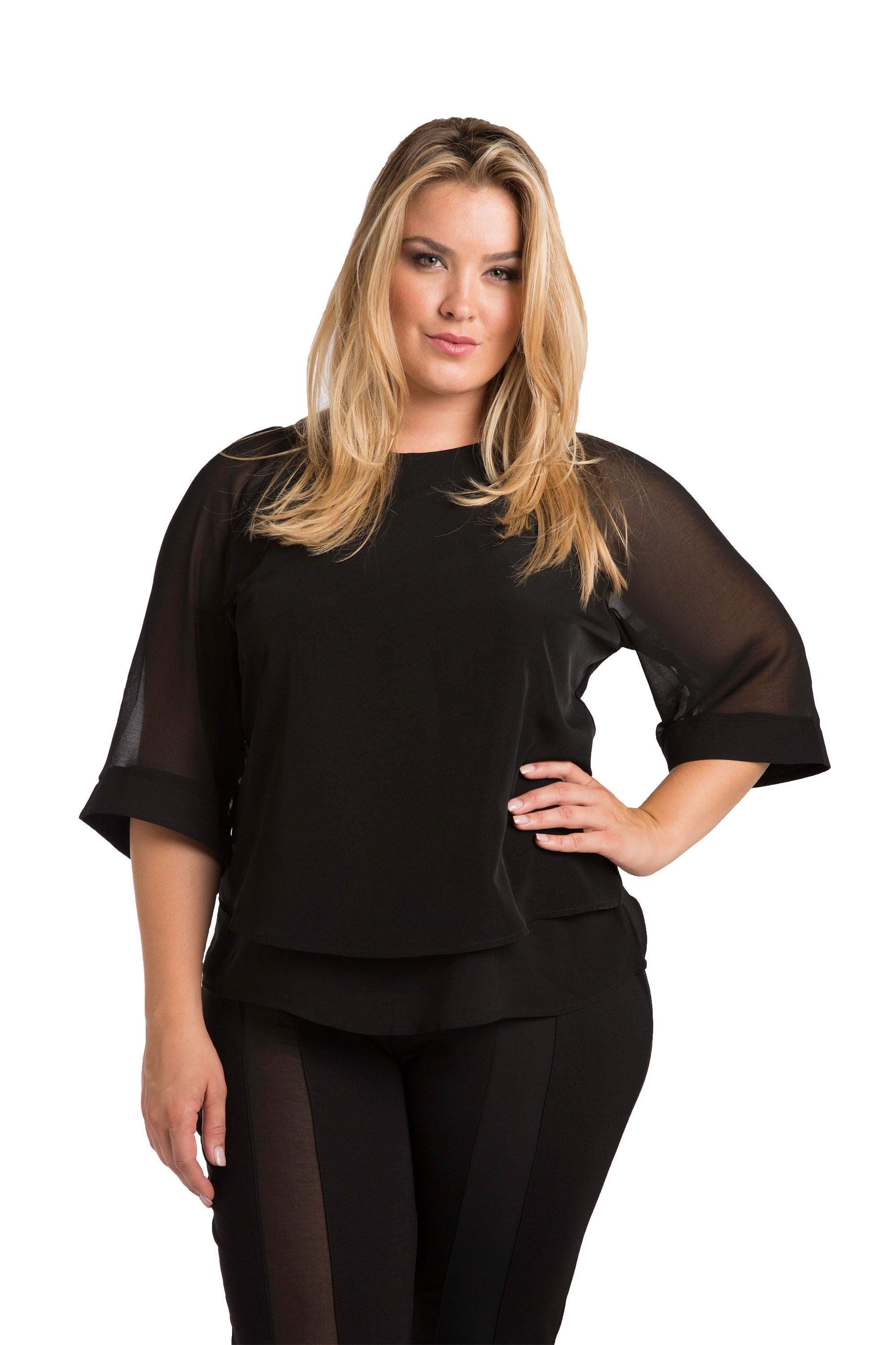 Plus Size Modern Womens Black Short Sheer Sleeved Boxy Top | OneStopPlus