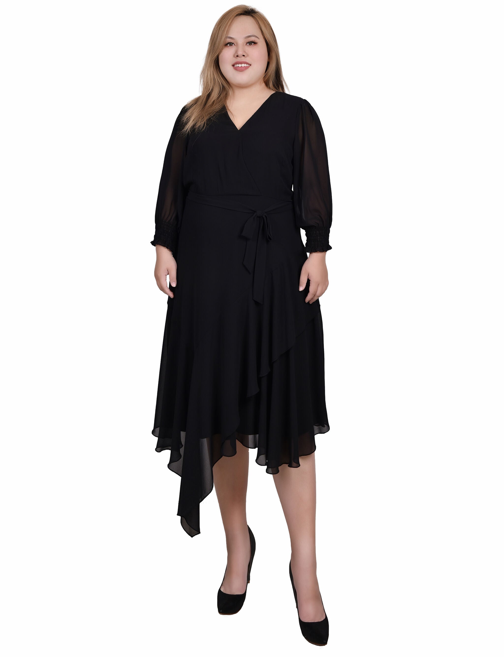 3/4 Sleeve Belted Chiffon Hankerchief Hem Dress | OneStopPlus