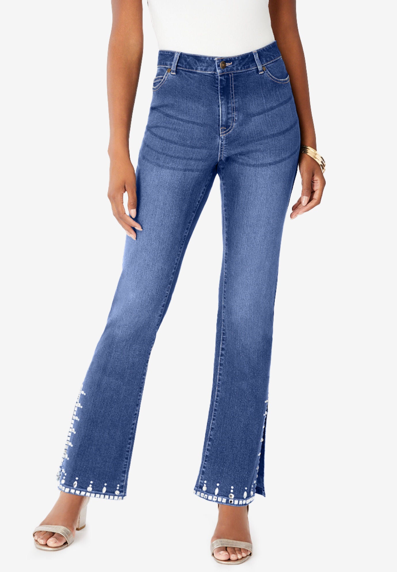 Invisible Stretch® Rhinestone-Detail Split Flare-Leg Jean | OneStopPlus