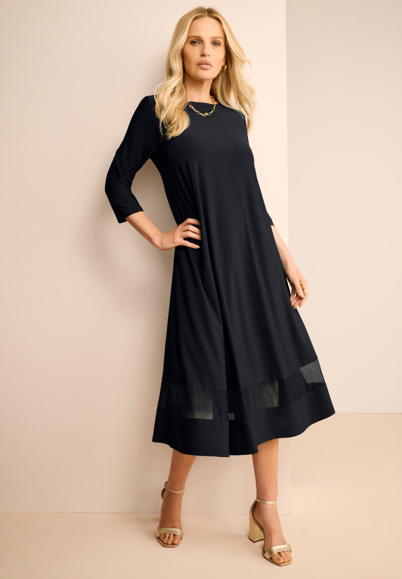 Plus Size 3/4 Sleeve Mesh Inset Boatneck Dress | OneStopPlus