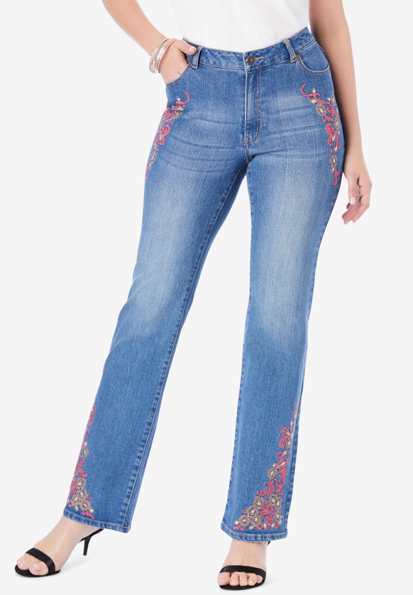 Invisible Stretch® Two-Tone Embroidered Bootcut Jeans | OneStopPlus