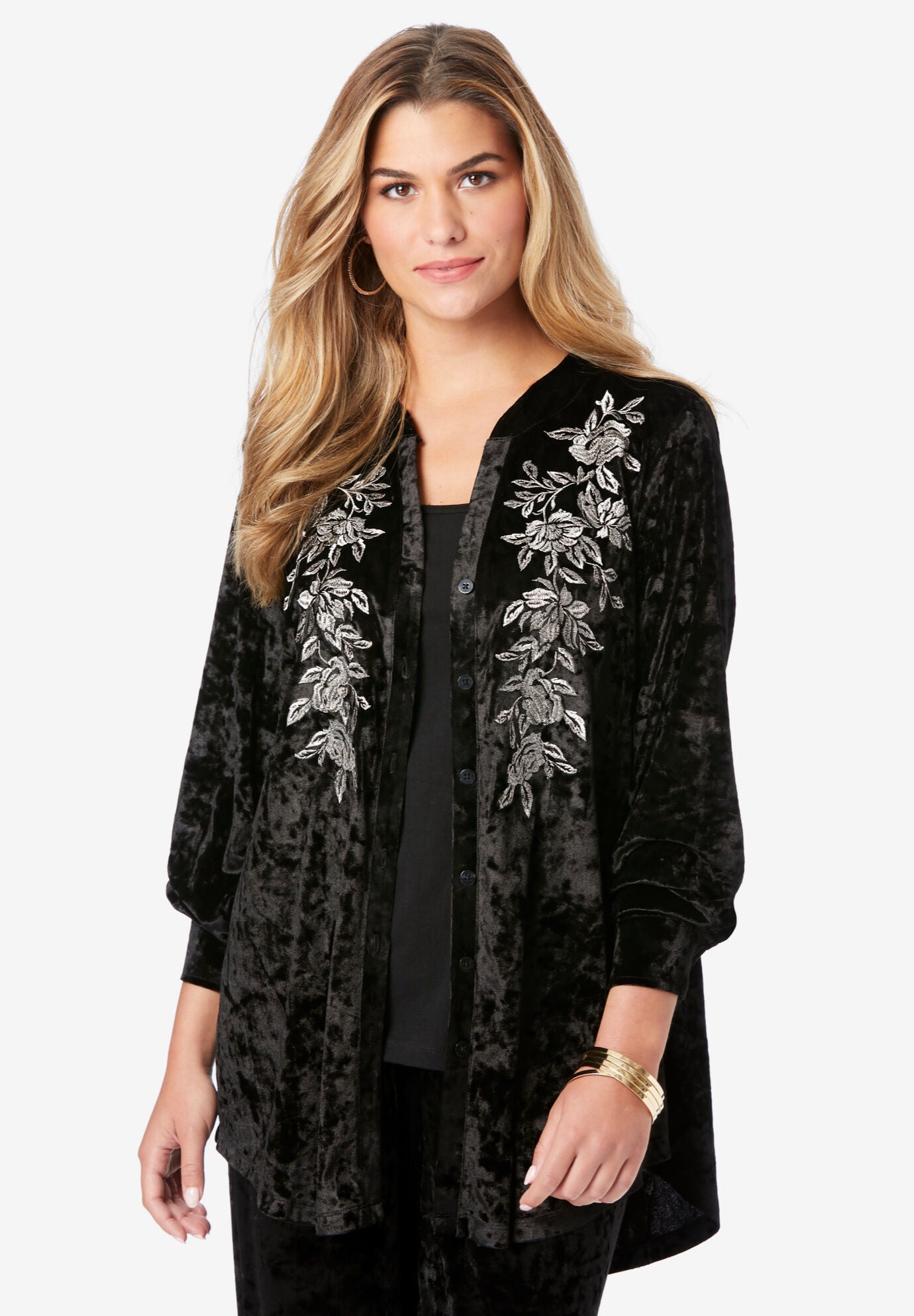 Embroidered Velour Button-Down Top | OneStopPlus