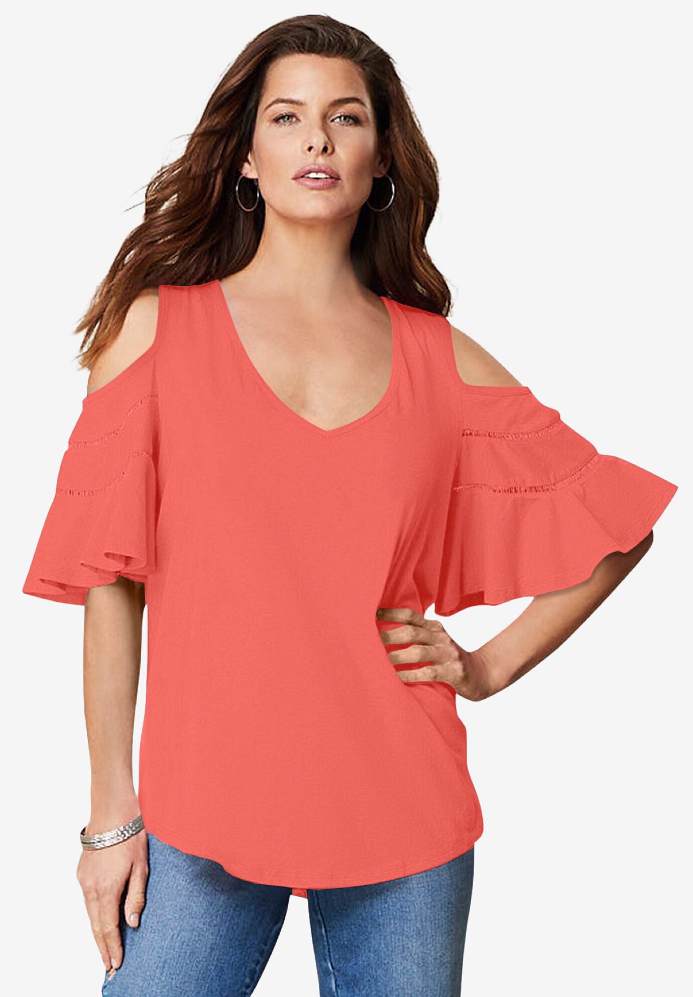 Ruffle-Sleeve Top with Cold Shoulder Detail | OneStopPlus