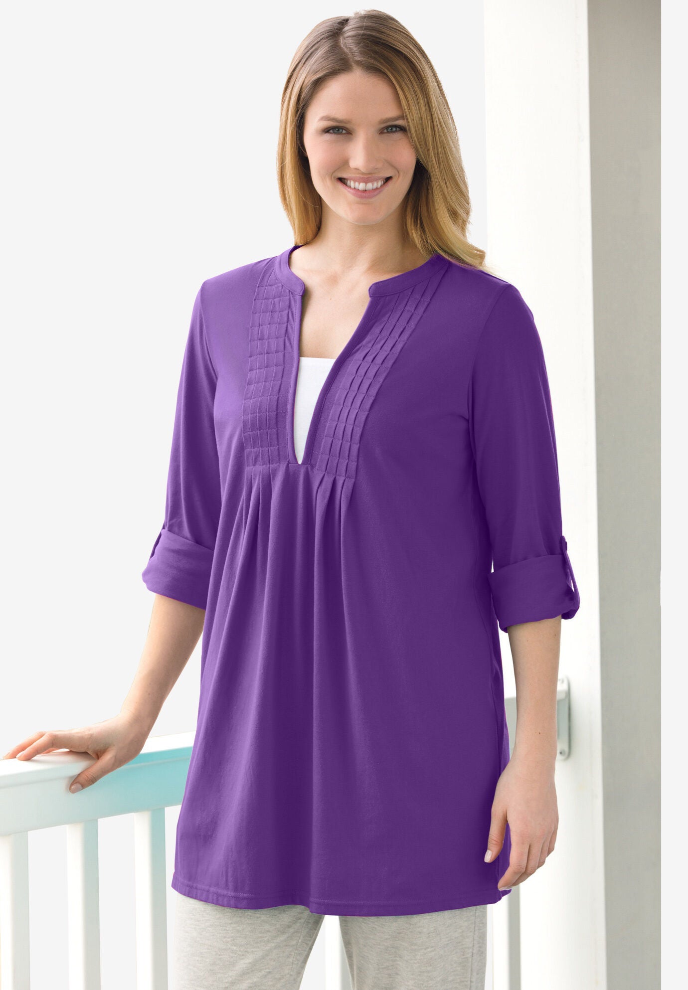 7-Day Box-Stitched Split Neck Tunic | OneStopPlus