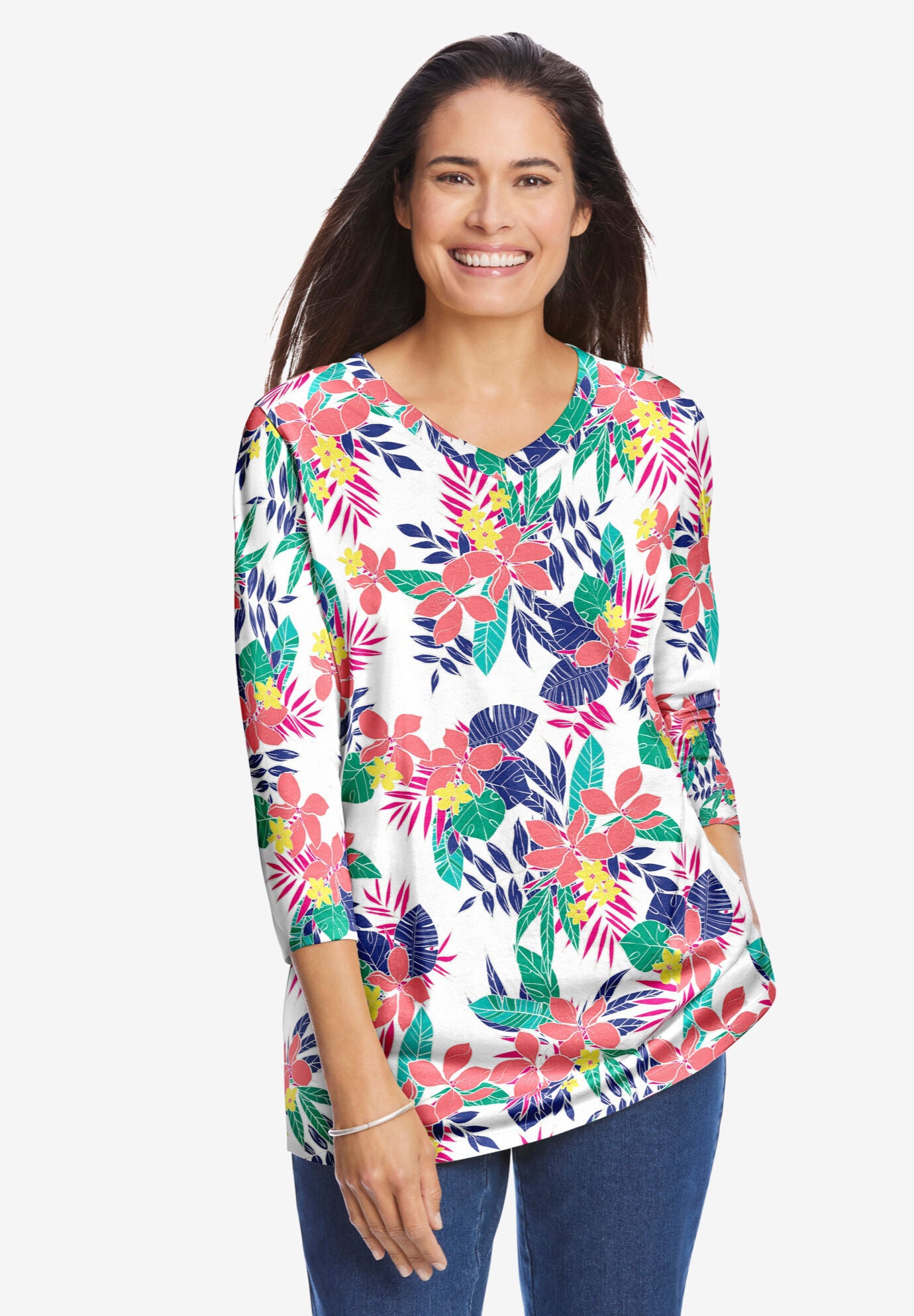 Perfect Printed Three-Quarter Sleeve V-Neck Tee | OneStopPlus