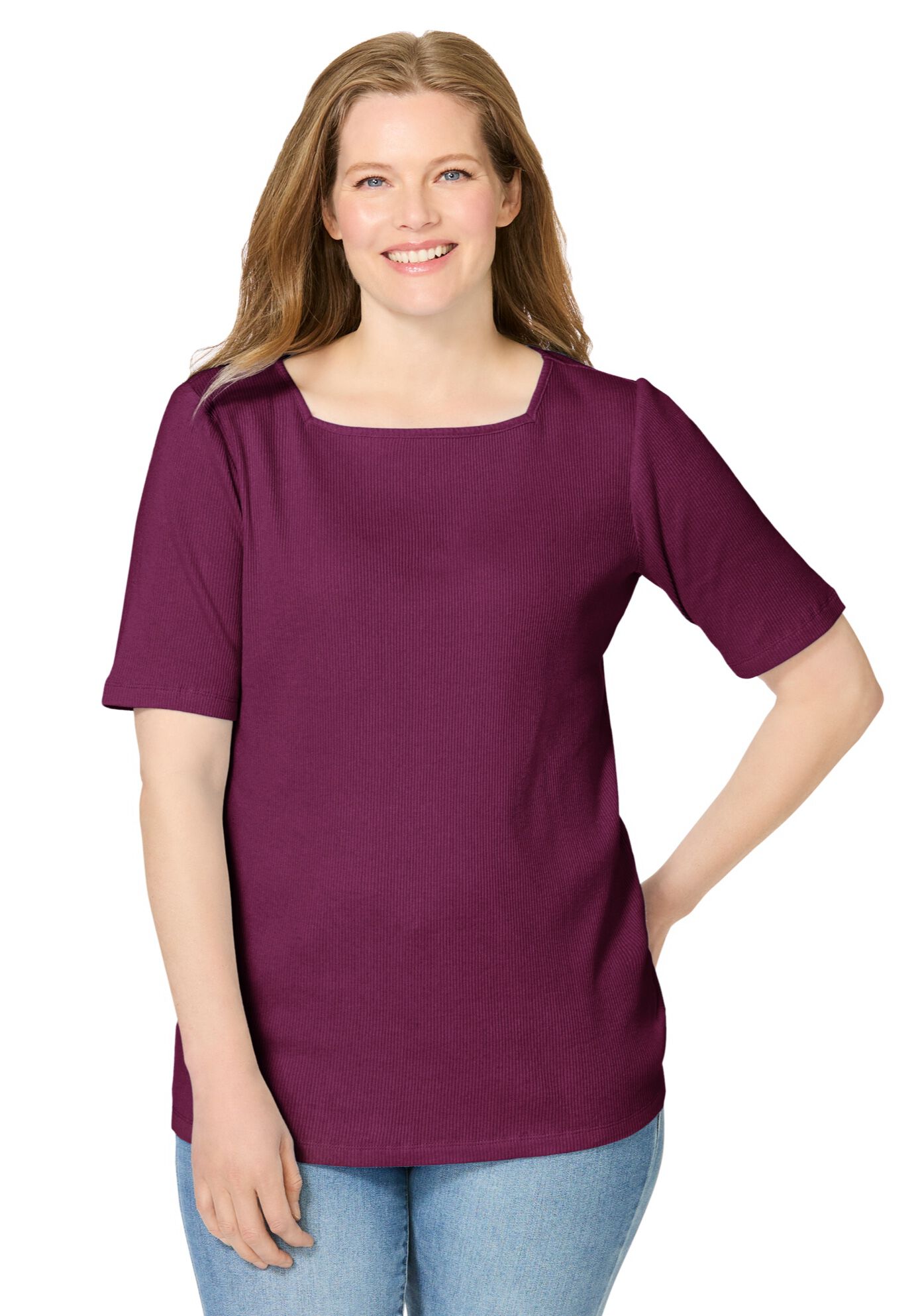 Ribbed Square Neck Elbow-Sleeve Tee | OneStopPlus