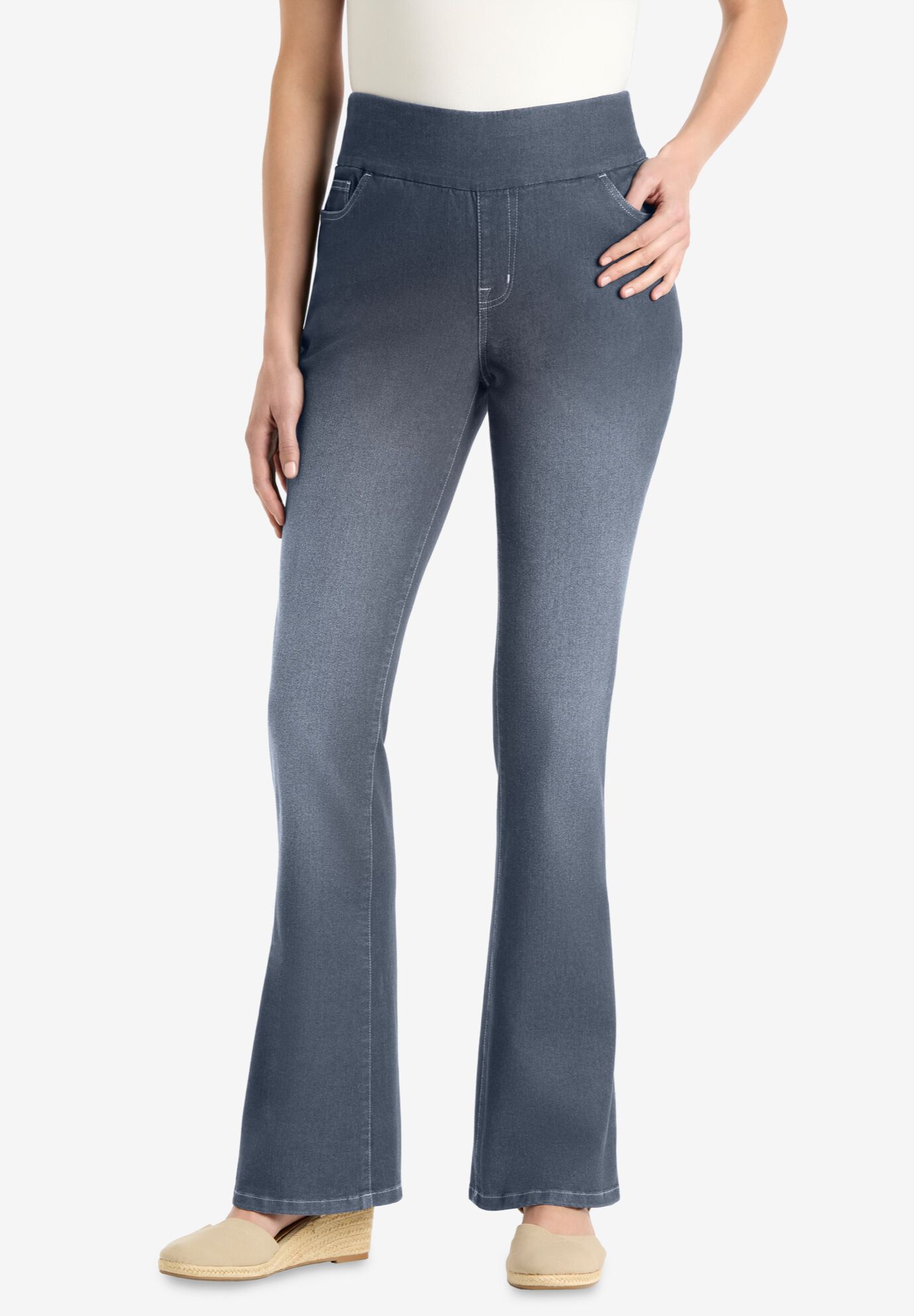 Flex-Fit Pull-On Bootcut Gap-Free Stretch Denim Jeans | OneStopPlus