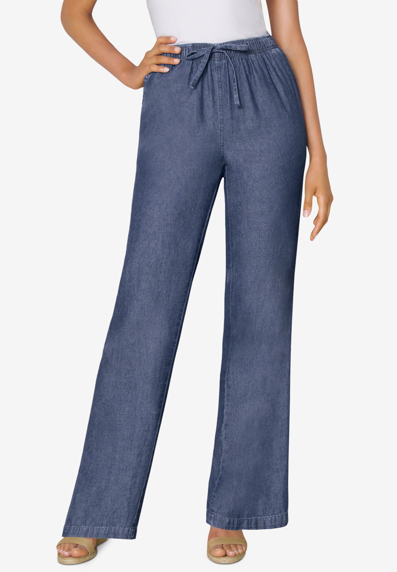 Drawstring Denim Wide-Leg Denim Pant | OneStopPlus