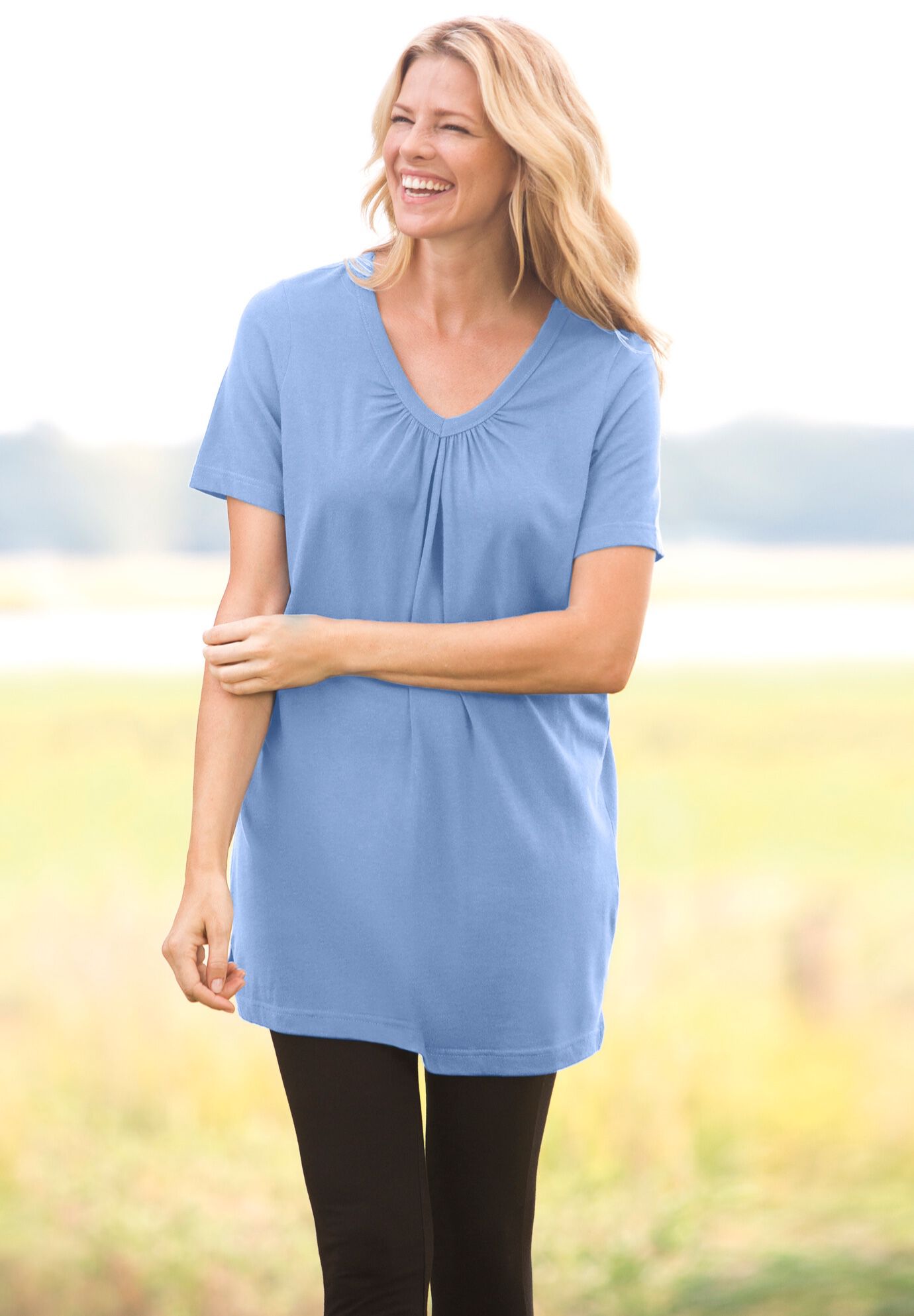 Perfect Short-Sleeve Shirred V-Neck Tunic | OneStopPlus