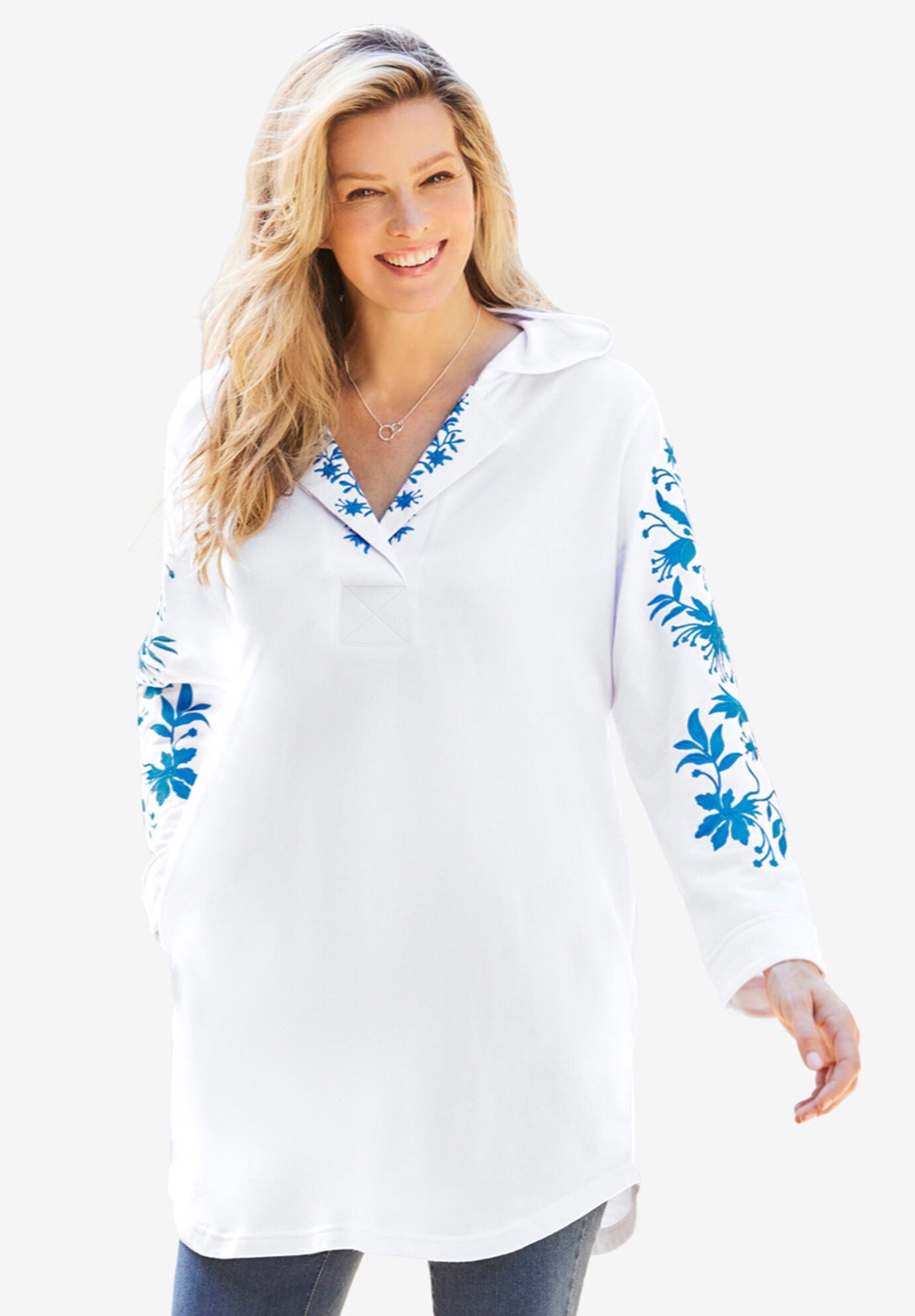Embroidered Split-Neck Sweatshirt Tunic | OneStopPlus