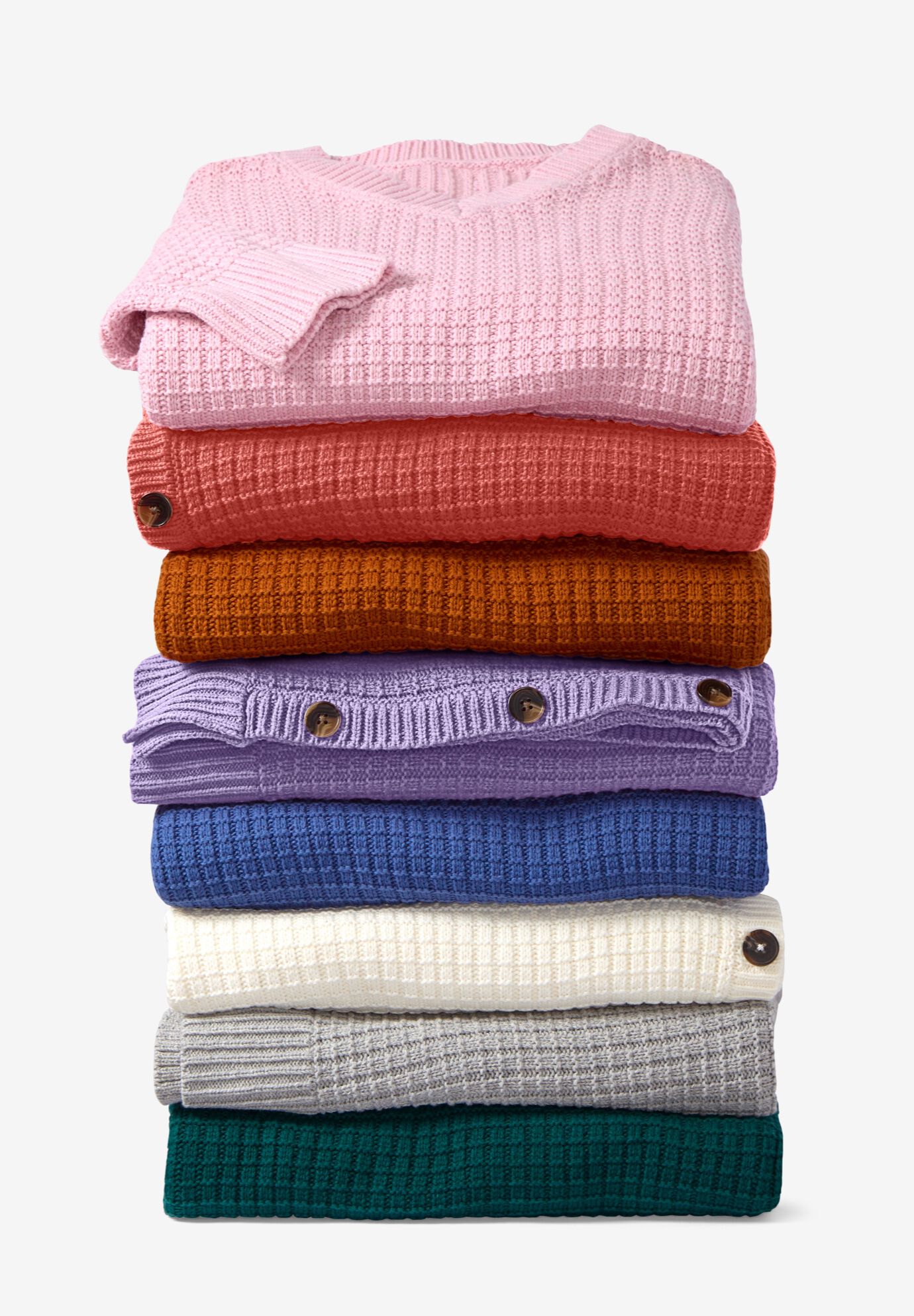 Side Button V-Neck Waffle Knit Sweater | OneStopPlus
