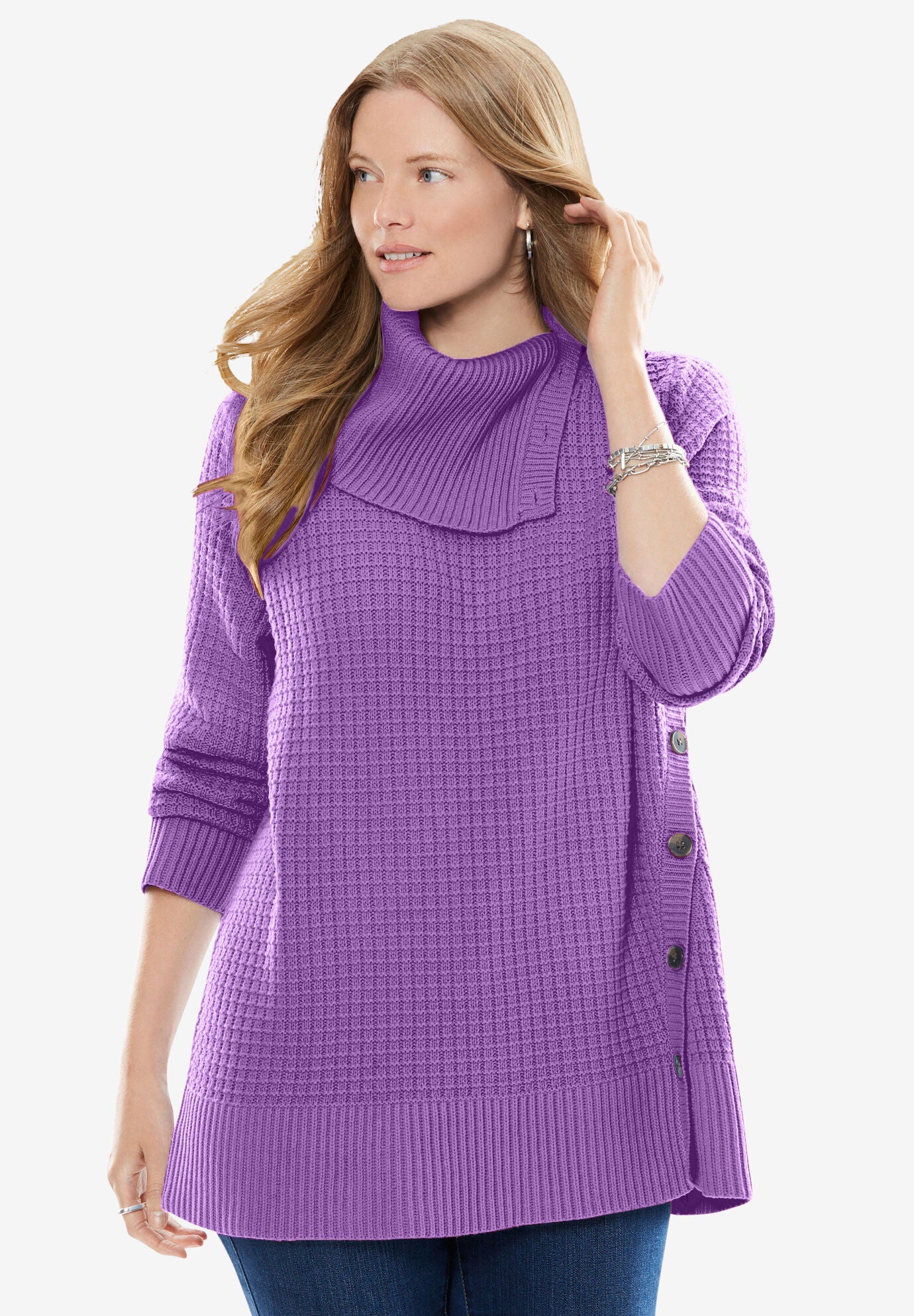 Button-Neck Waffle Knit Sweater | OneStopPlus