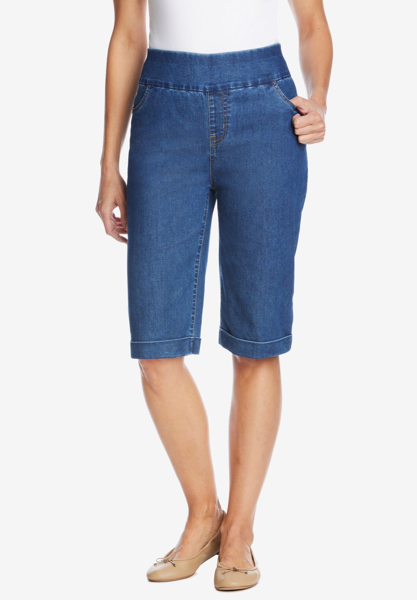 Pull-On Flex-Fit Elastic-Waist Stretch Denim Jeans Shorts | OneStopPlus