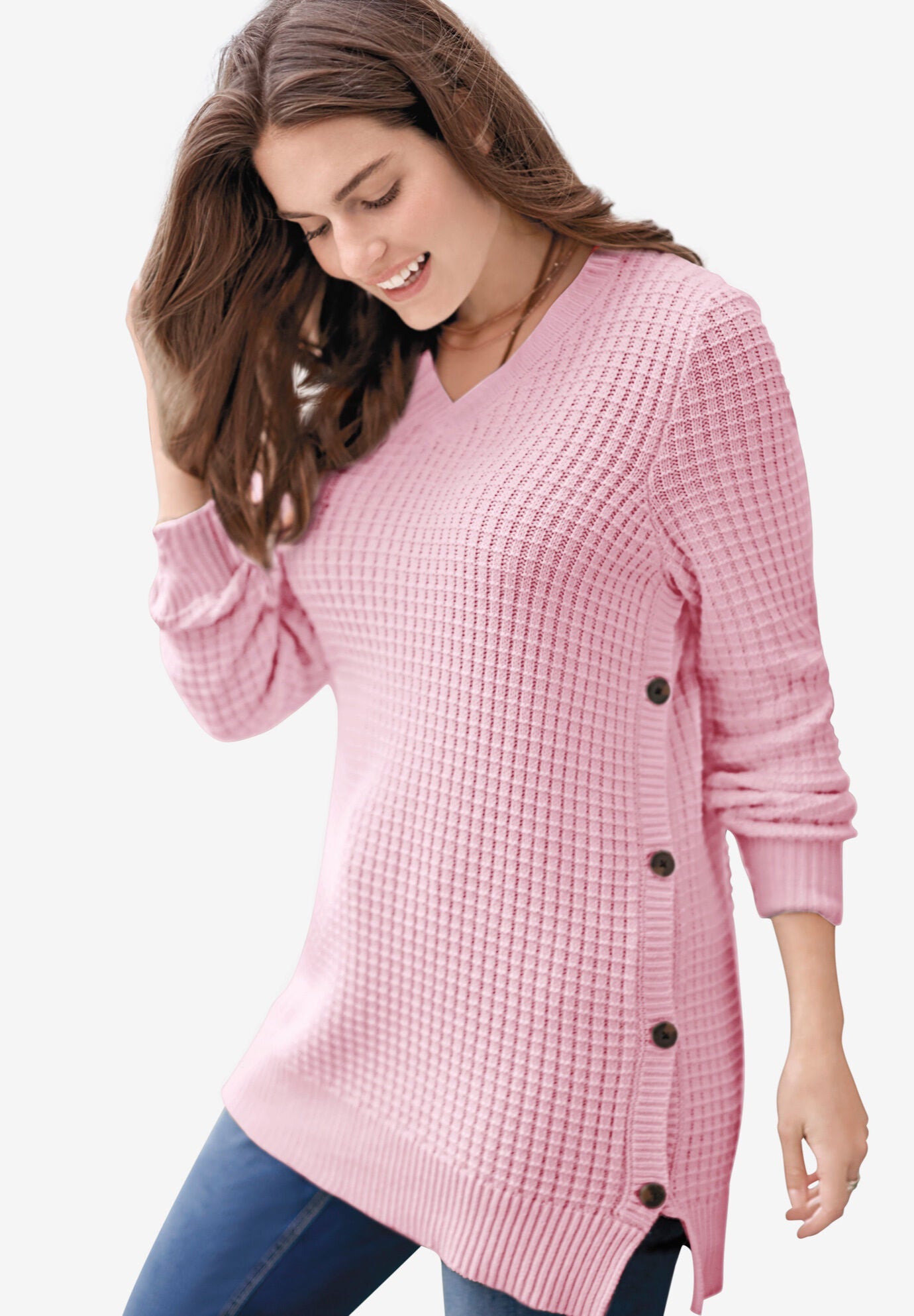 Side Button V-Neck Waffle Knit Sweater | OneStopPlus