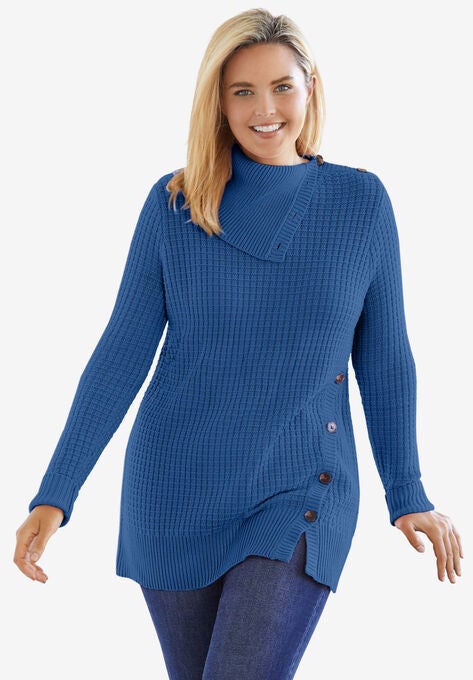 Button-Neck Waffle Knit Sweater | OneStopPlus