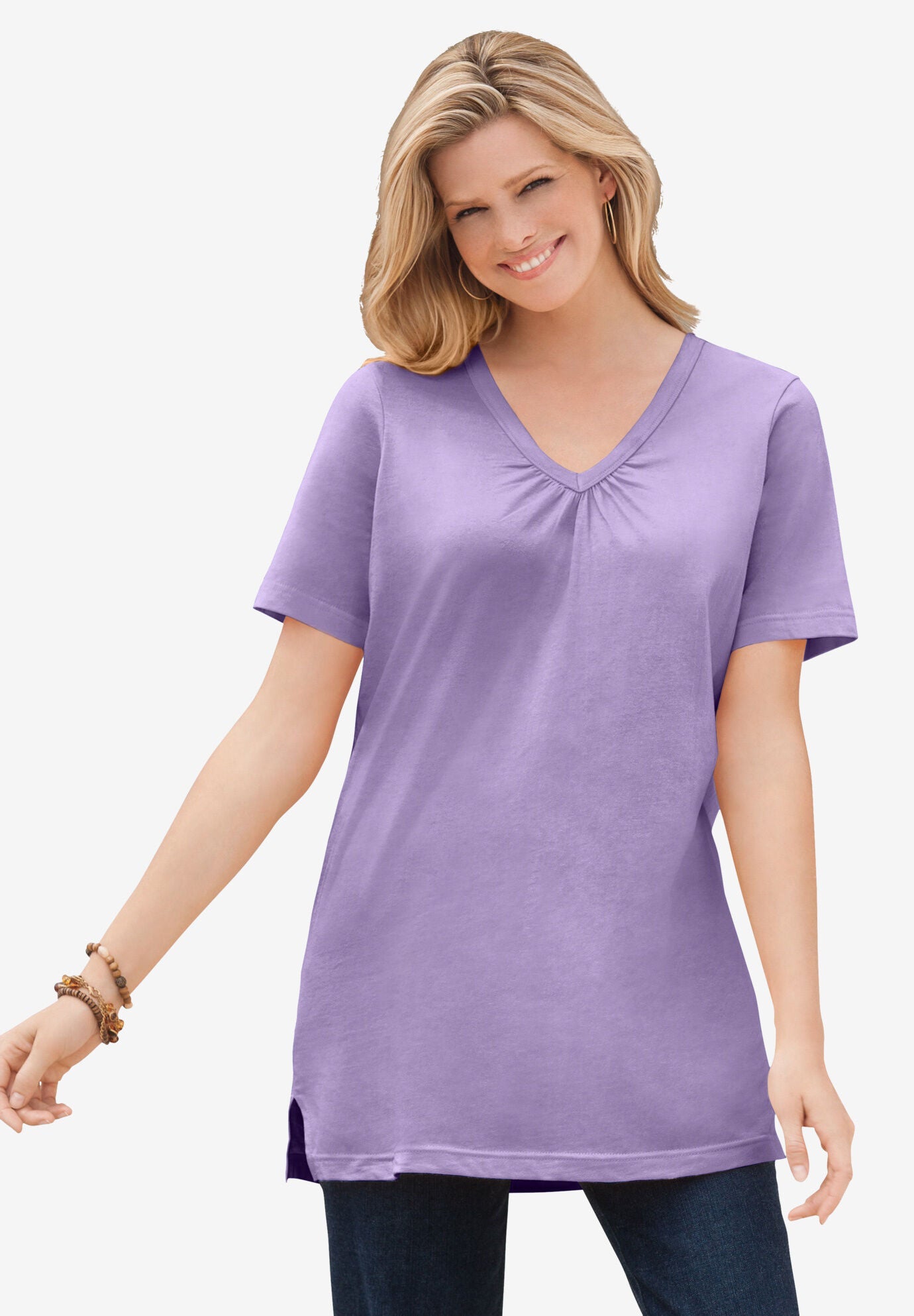 Perfect Short-Sleeve Shirred V-Neck Tunic | OneStopPlus