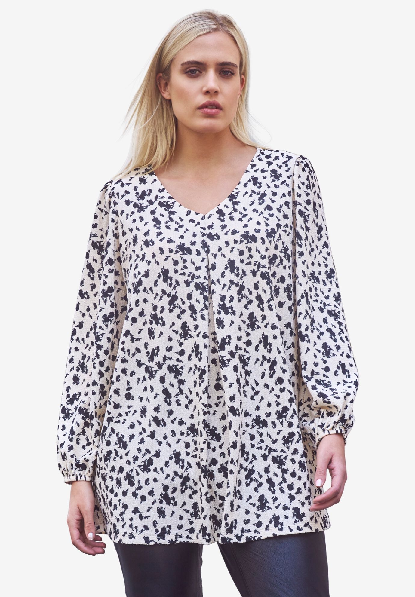 Inverted Pleat Textured Knit Tunic With Blouson Sleeves | OneStopPlus