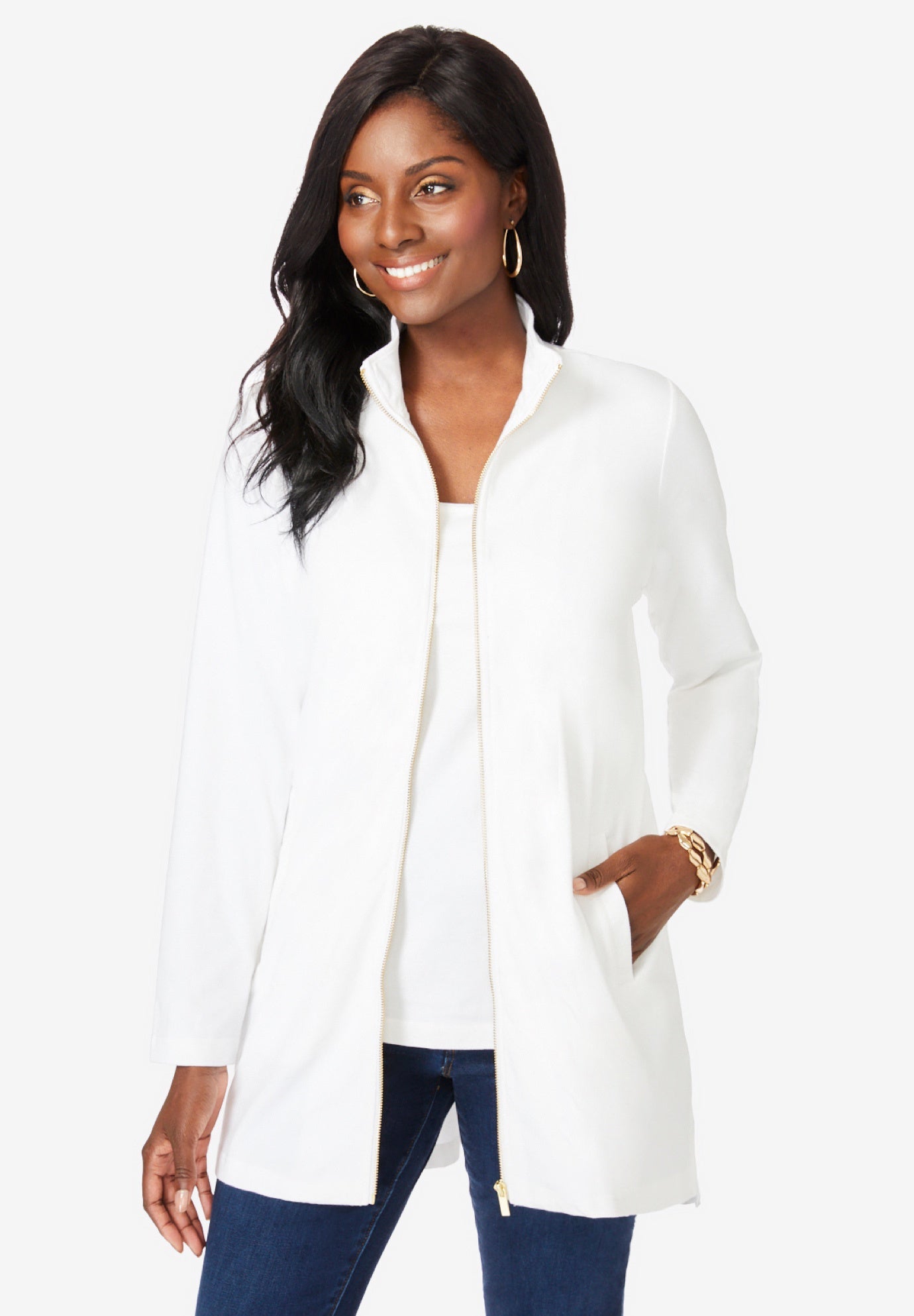Stretch Cotton Zip Front Hi-Low Jacket | OneStopPlus