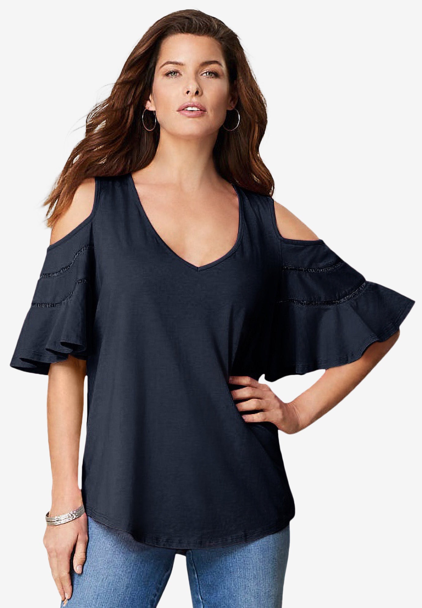 Ruffle-Sleeve Top with Cold Shoulder Detail | OneStopPlus