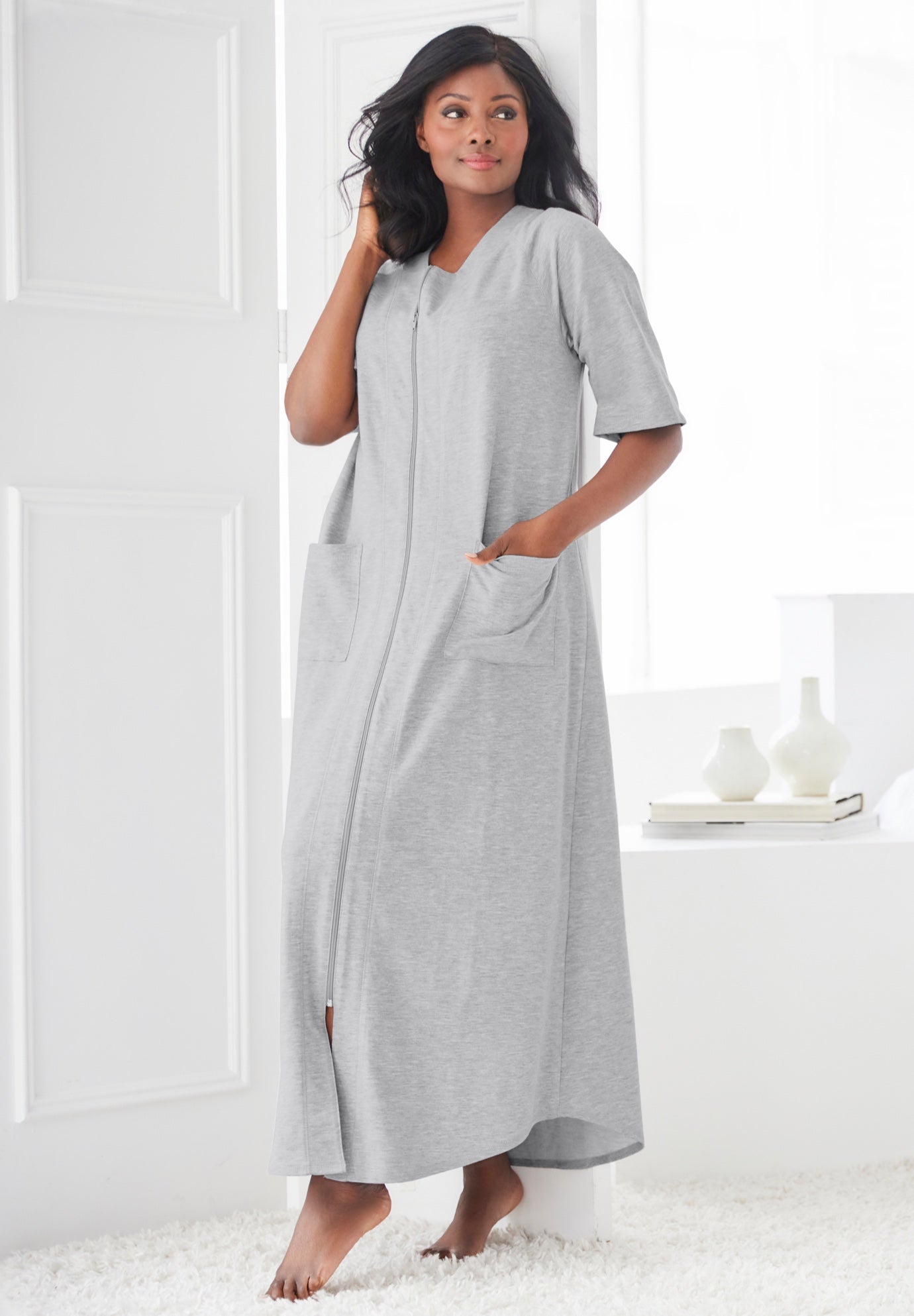 Long French Terry Zip-Front Robe | OneStopPlus